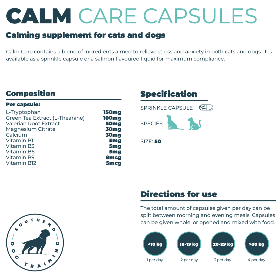 Calm Care Calming Supplements For Dogs 50 Capsules • Southend Dog Training