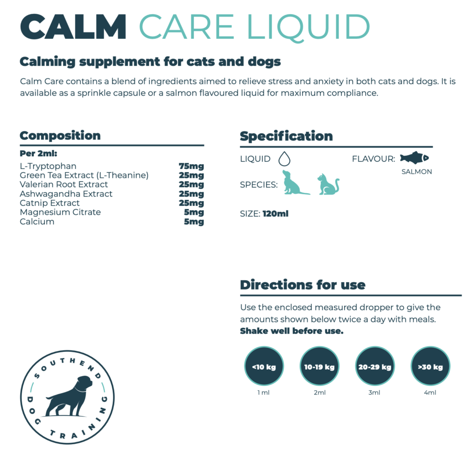 Calm Care Calming Supplements For Dogs 120ml Liquid • Southend Dog Training